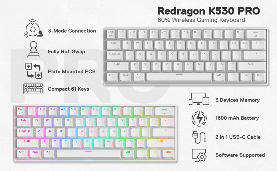 Draconic Pro K530 Pro - 60% Bluetooth+2.4Ghz+Wired Mechanical Keyboard